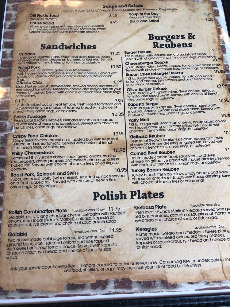 Menu at Westsider Cafe, Grand Rapids