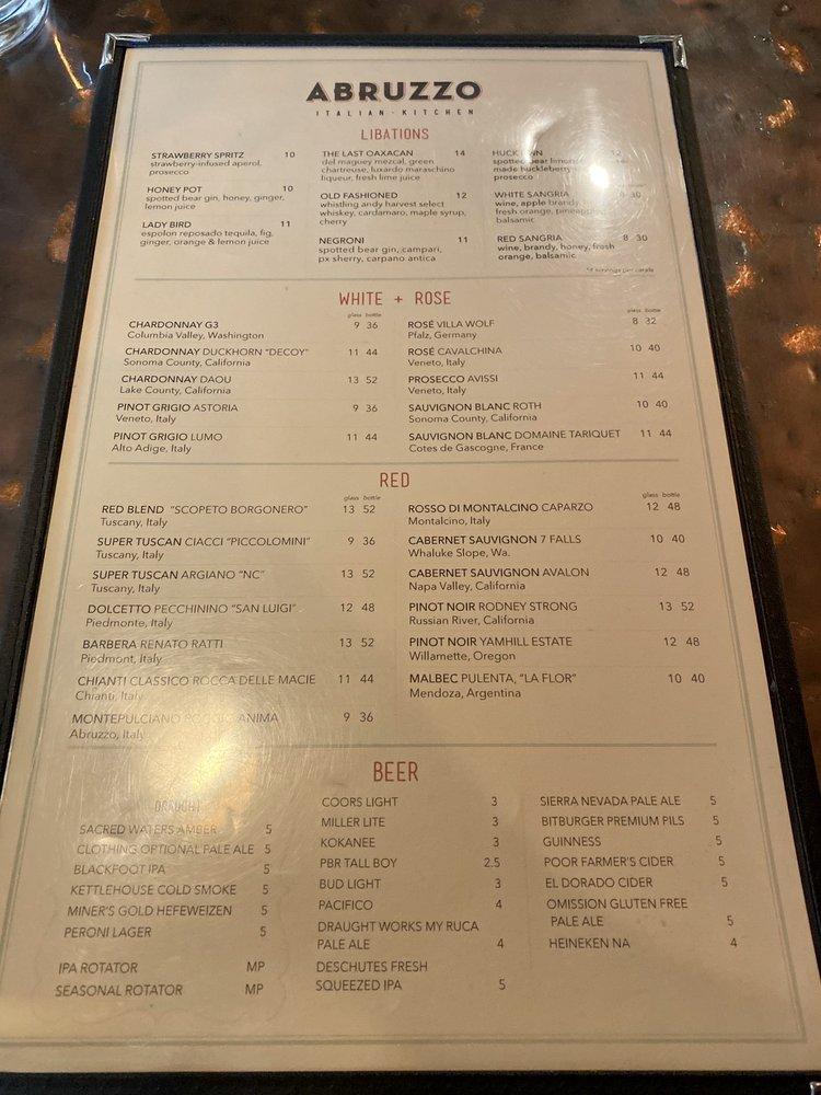 Menu at Abruzzo Italian Kitchen restaurant, Whitefish