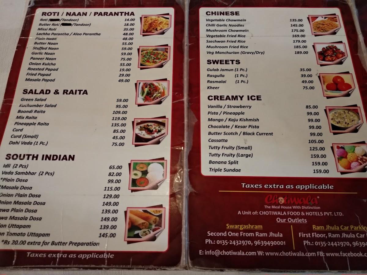 Menu at Chotiwala By The Ganges, Rishikesh, Ram Jhula Car Parking First ...