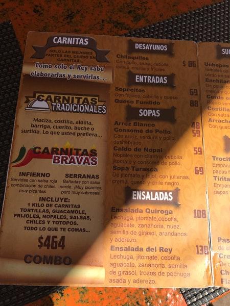Menu at El Rey de las Carnitas restaurant, Quiroga, Plaza Principal