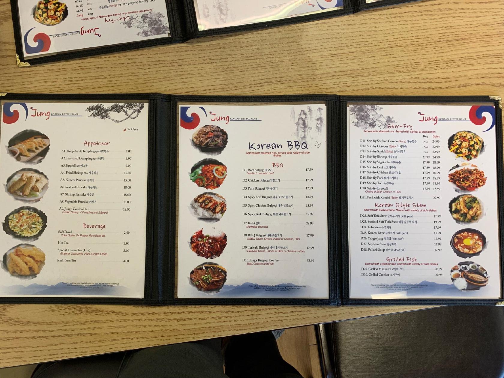 Menu at Jung's Korean Restaurant, Fairbanks