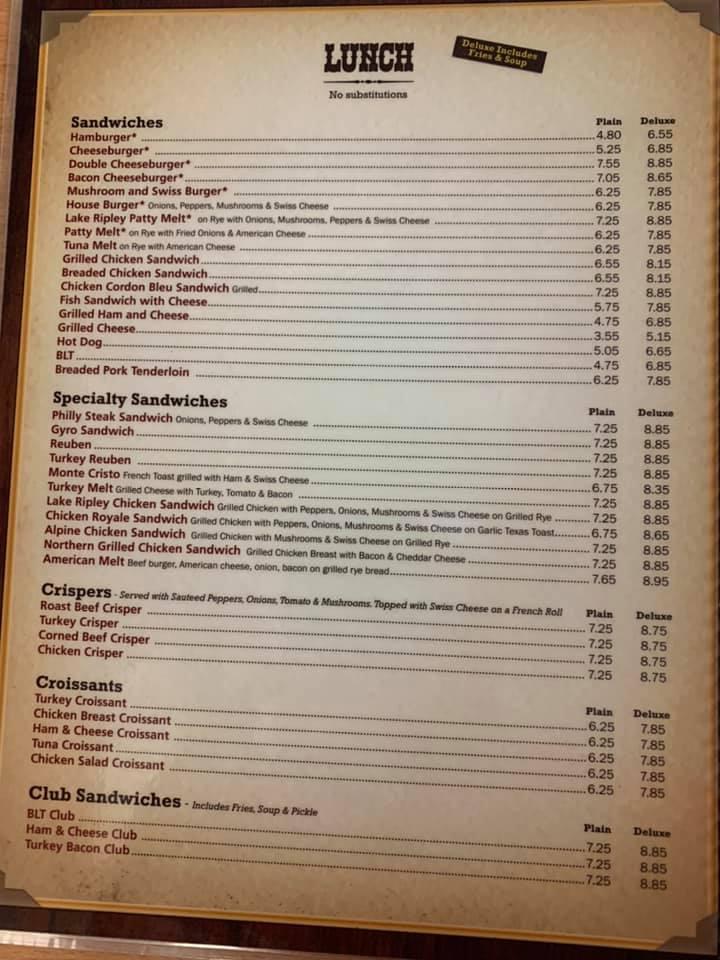 Carta de Lake Ripley Family Restaurant, Cambridge