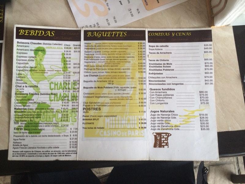 Menu at Les champs restaurant, Puebla City