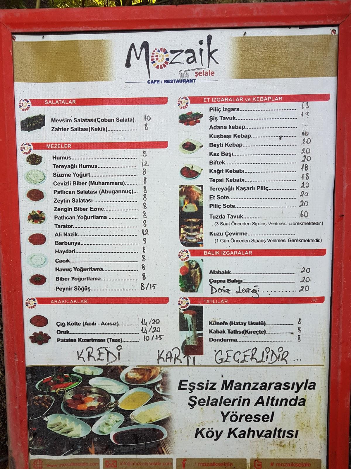 Menu at Mozaik Selale, Antakya