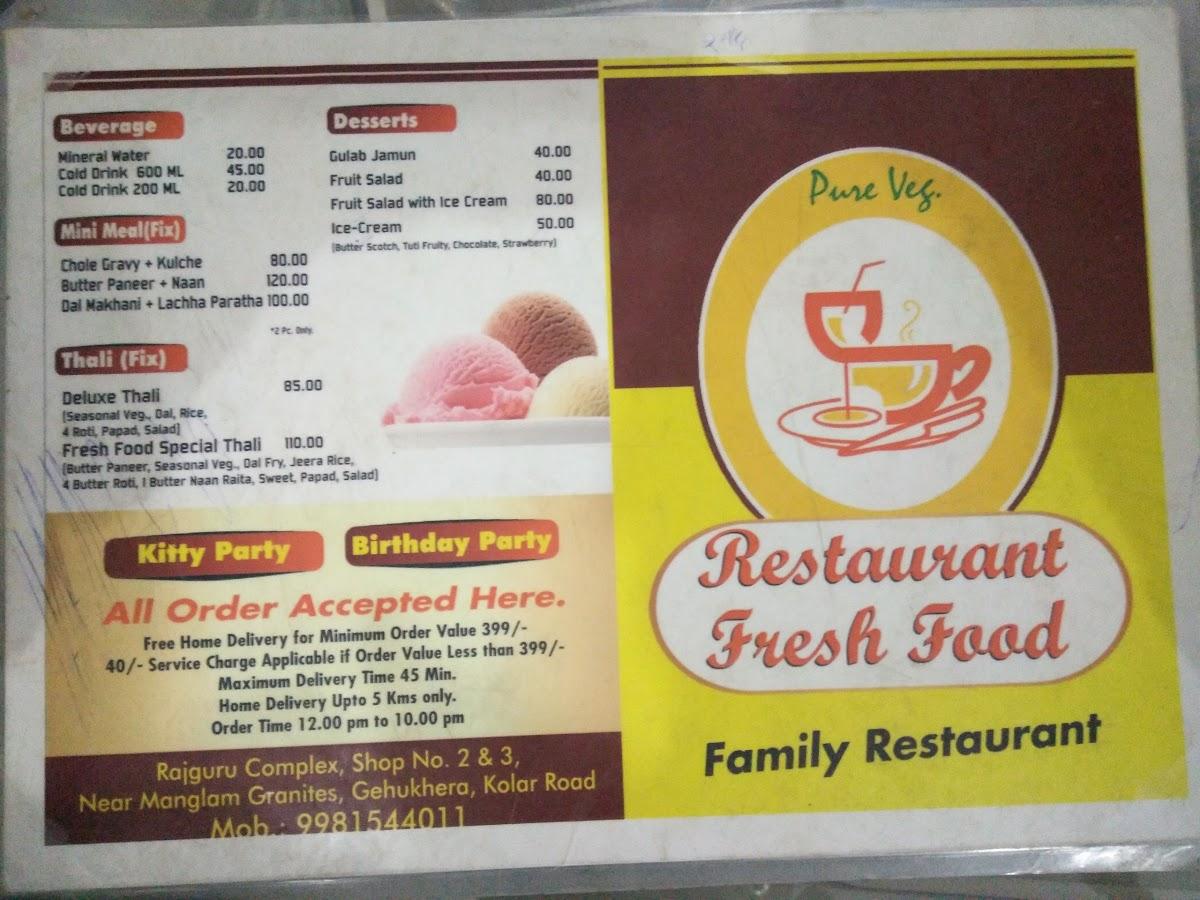 Menu at Restaurant fresh food, Bhopal, Shop no 02