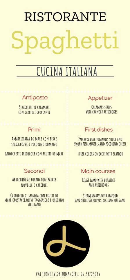 Menu at Spaghetti desserts, Rome, Via Leone IV