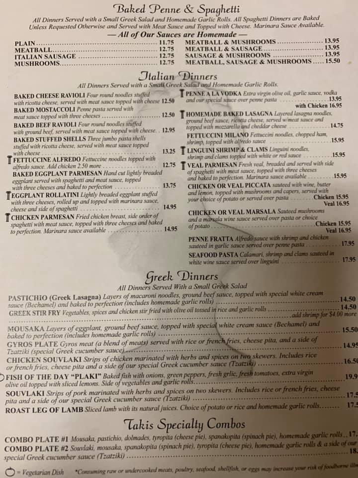 Menu at Takis Greek-Italian Restaurant, The Villages, US-441