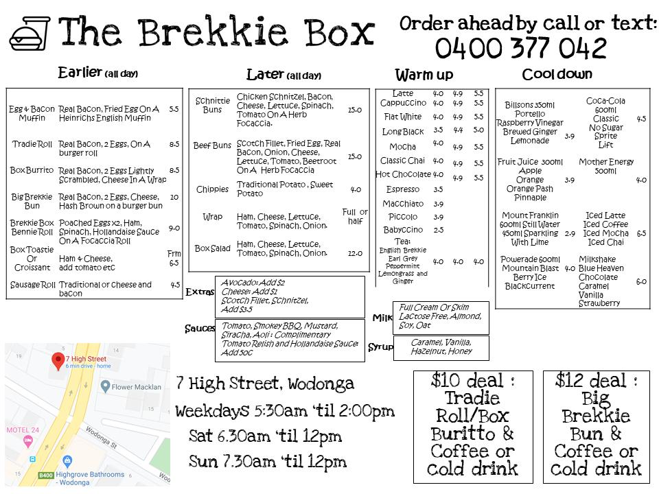 Menu at The Brekkie Box cafe, Wodonga