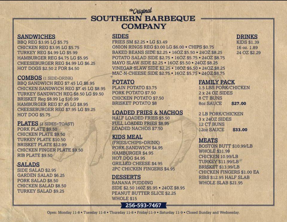 Menu at The Southern Barbeque Co, Boaz