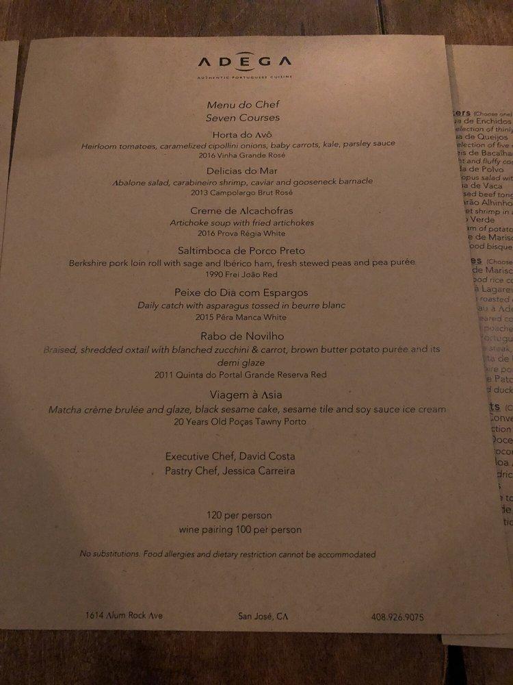 Menu at ADEGA restaurant, San Jose, 1614 Alum Rock Ave