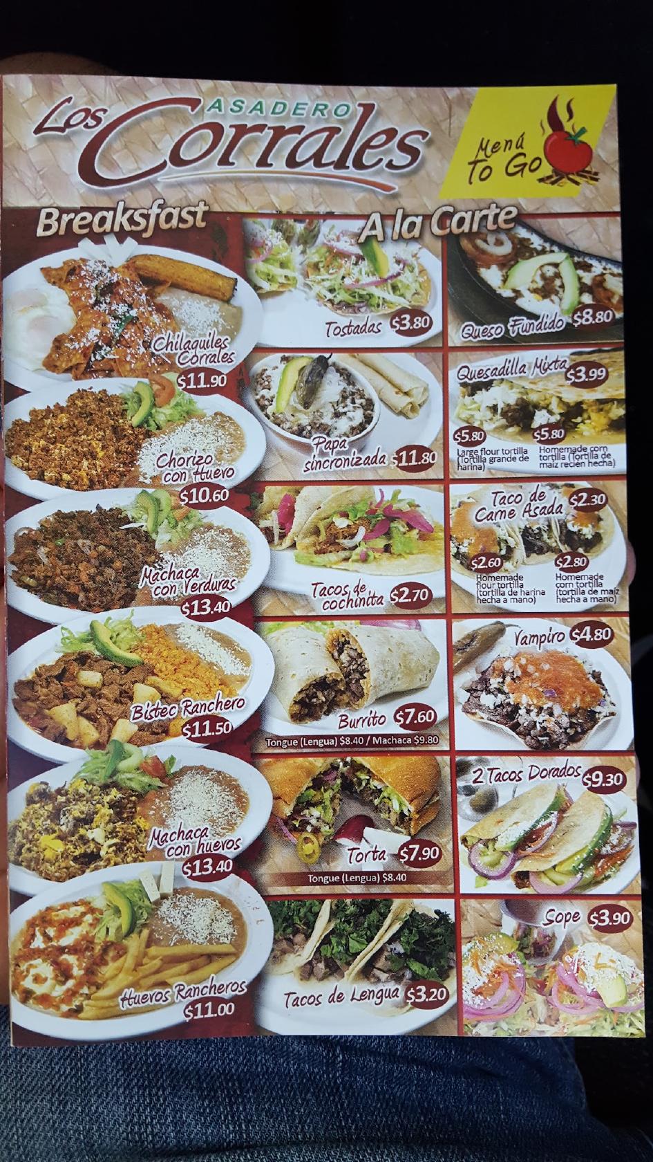 Menu at Asadero Los Corrales restaurant, La Quinta