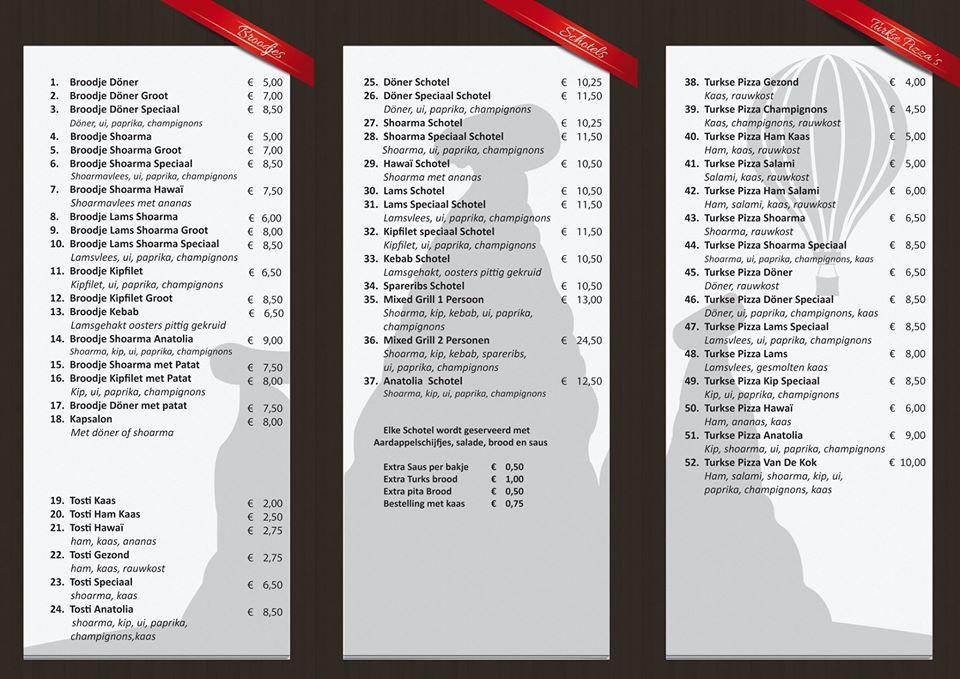 Menu at Grillroom Pizzeria Anatolia, Grootegast