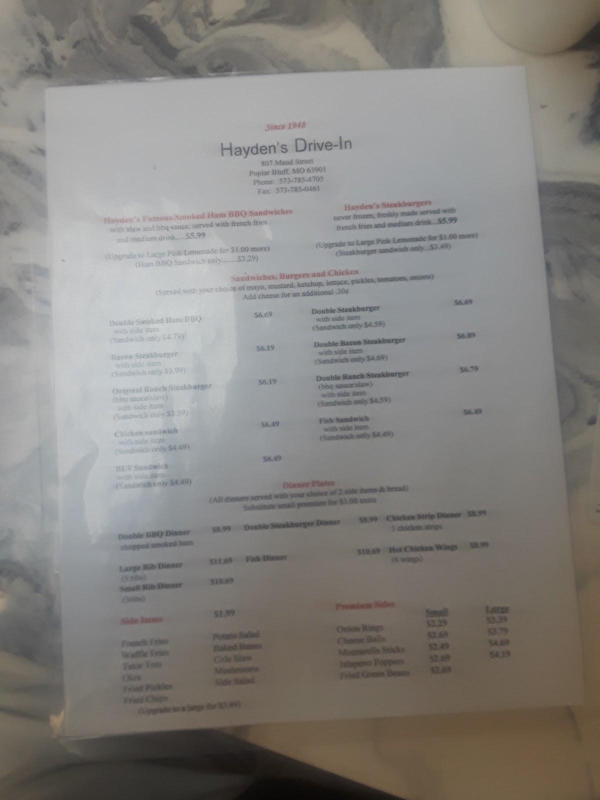 Menu at Hayden Drive-In BBQ, Poplar Bluff
