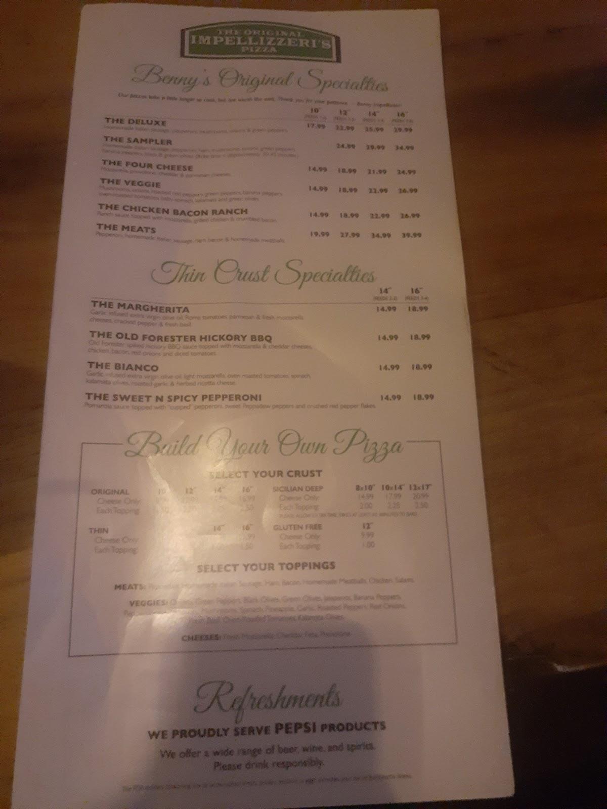 Menu at Impellizzeri's Pizza pizzeria, Louisville, Bardstown Rd