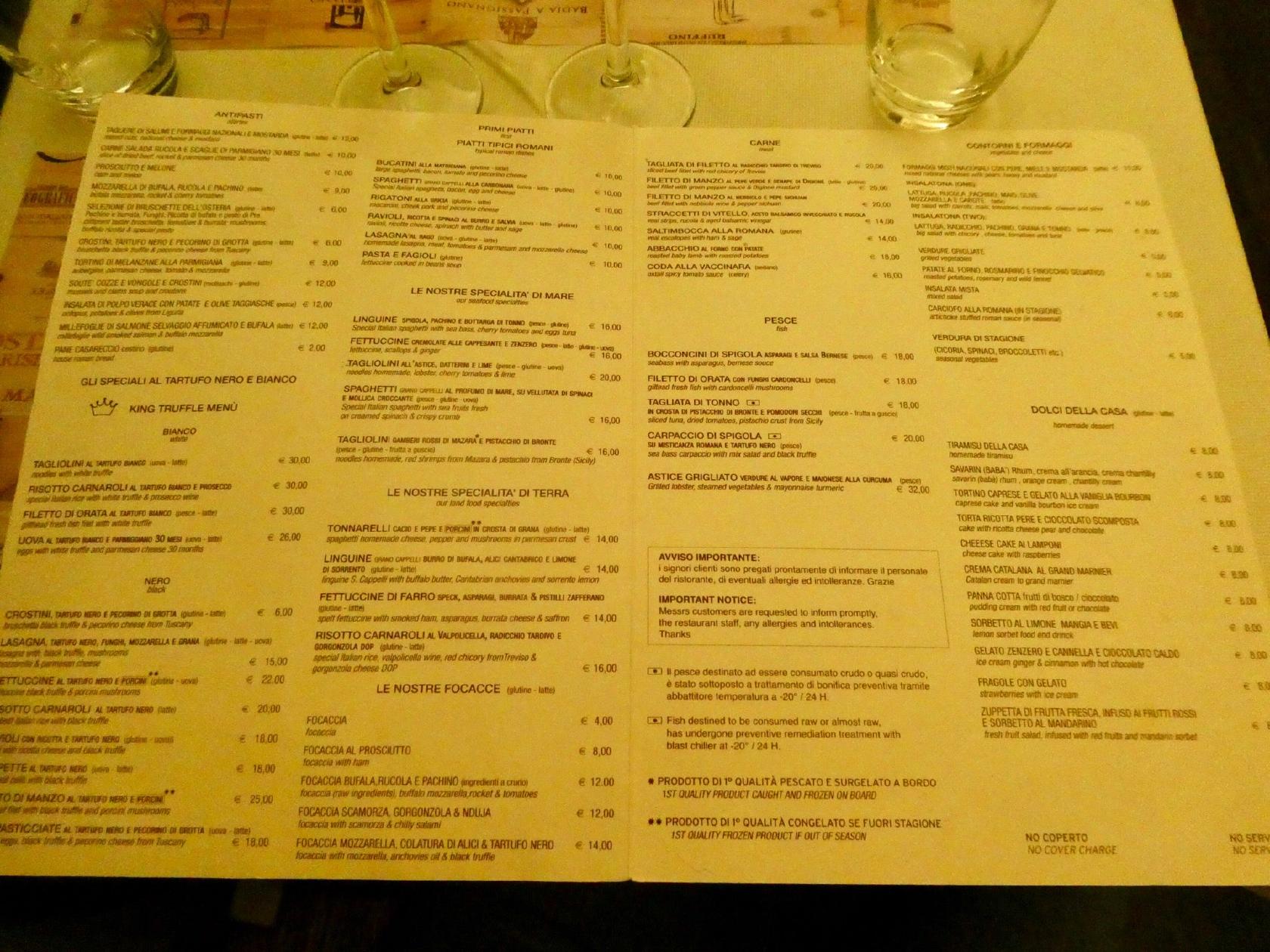 Menu at Osteria Barberini, Rome, Via della Purificazione