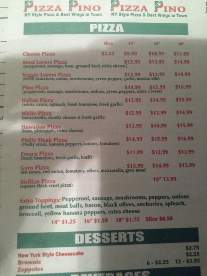 Menu at Pizza Pino pizzeria, Tampa, S 78th St