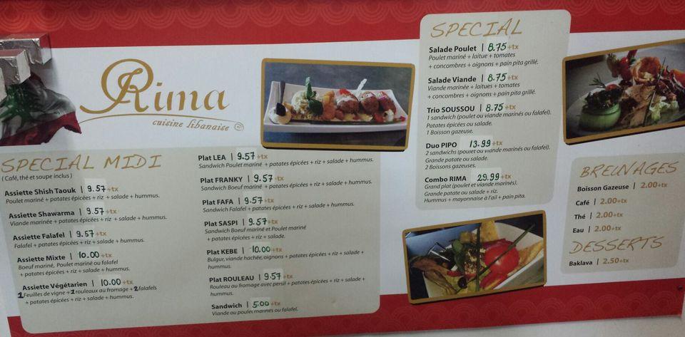 Menu at Restaurant Rima, Sherbrooke, 160 B Queen St