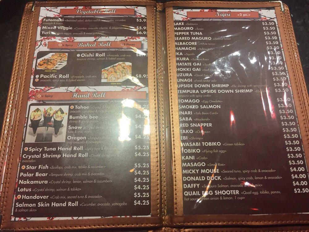 Menu at Tokyo Sushi restaurant, Reno