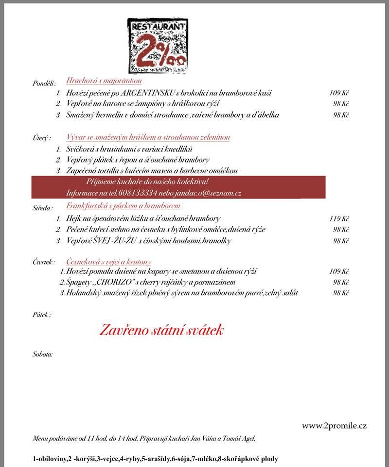 Menu at 2 Promile Restaurant Café Bar, Ostrava