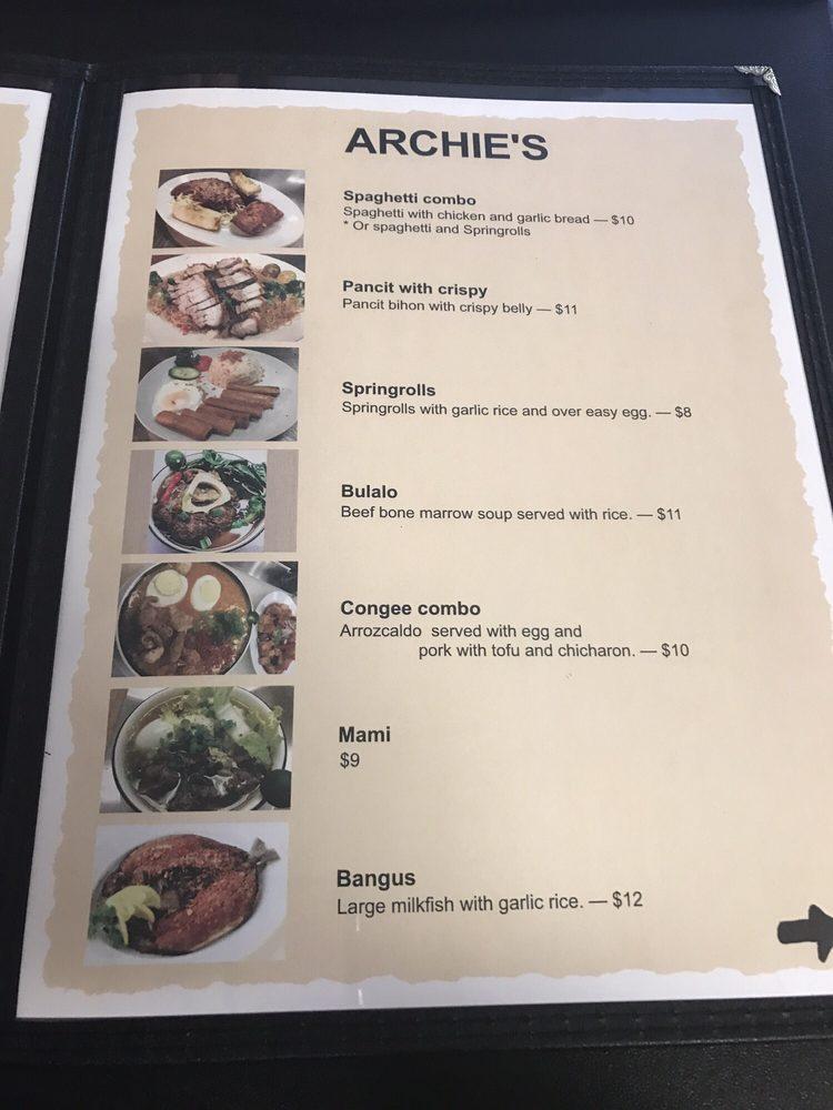 Menu at Archie's restaurant, Surrey, 153 St