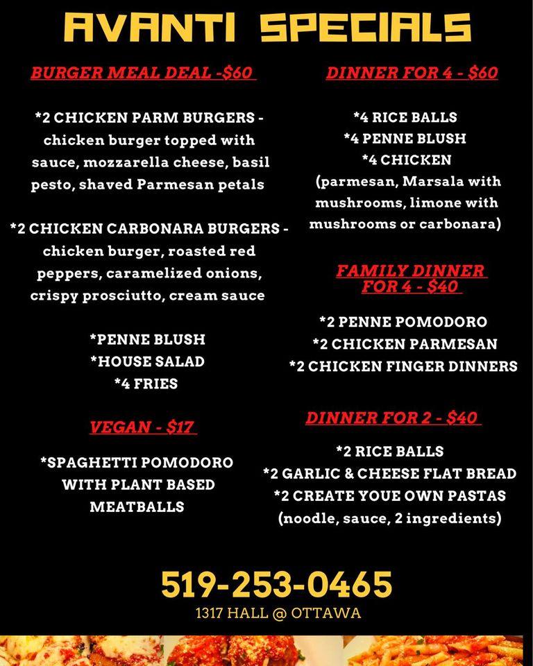 Menu at Avanti restaurant, Windsor