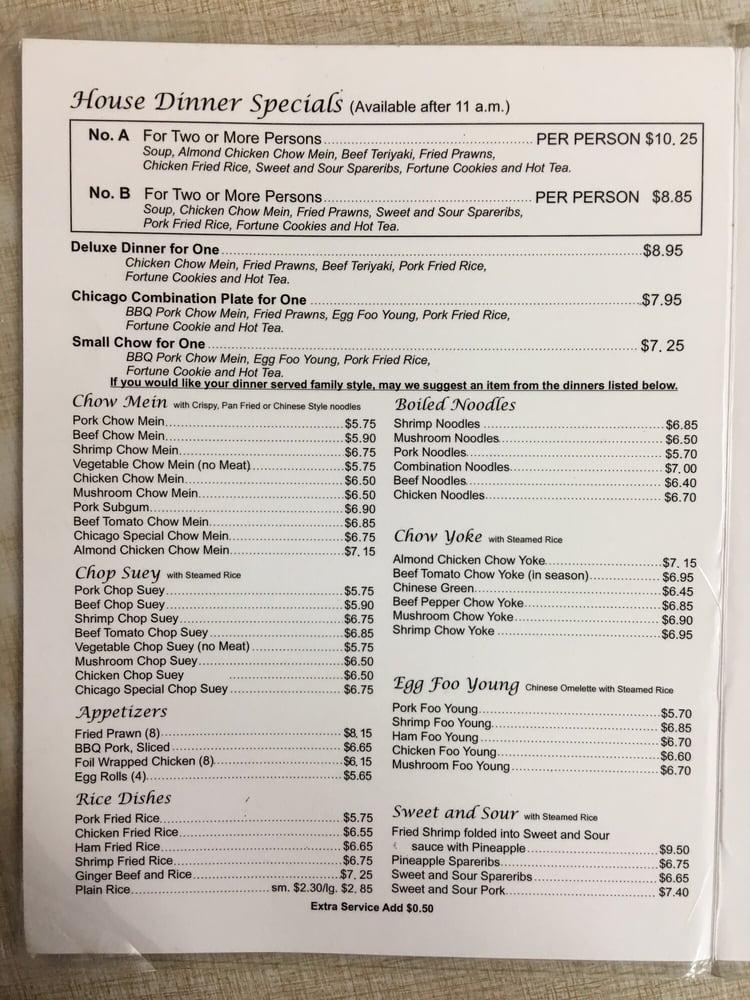 Menu at Chicago Café restaurant, Woodland