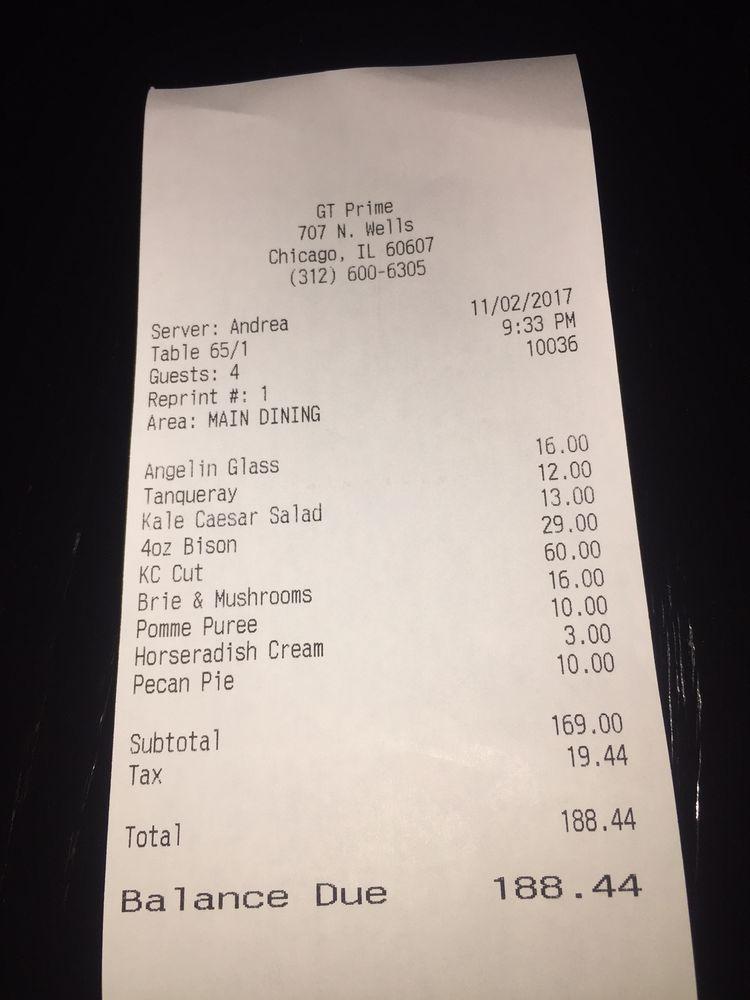 Menu at GT Prime Steakhouse, Chicago, 707 N Wells St