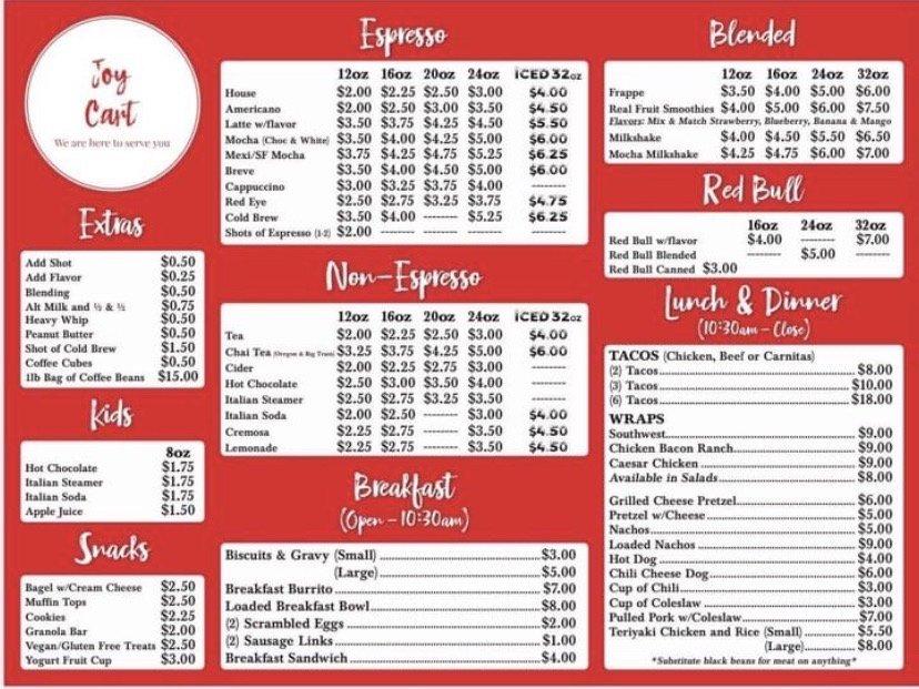 Menu at Joy Cart cafe, Veneta