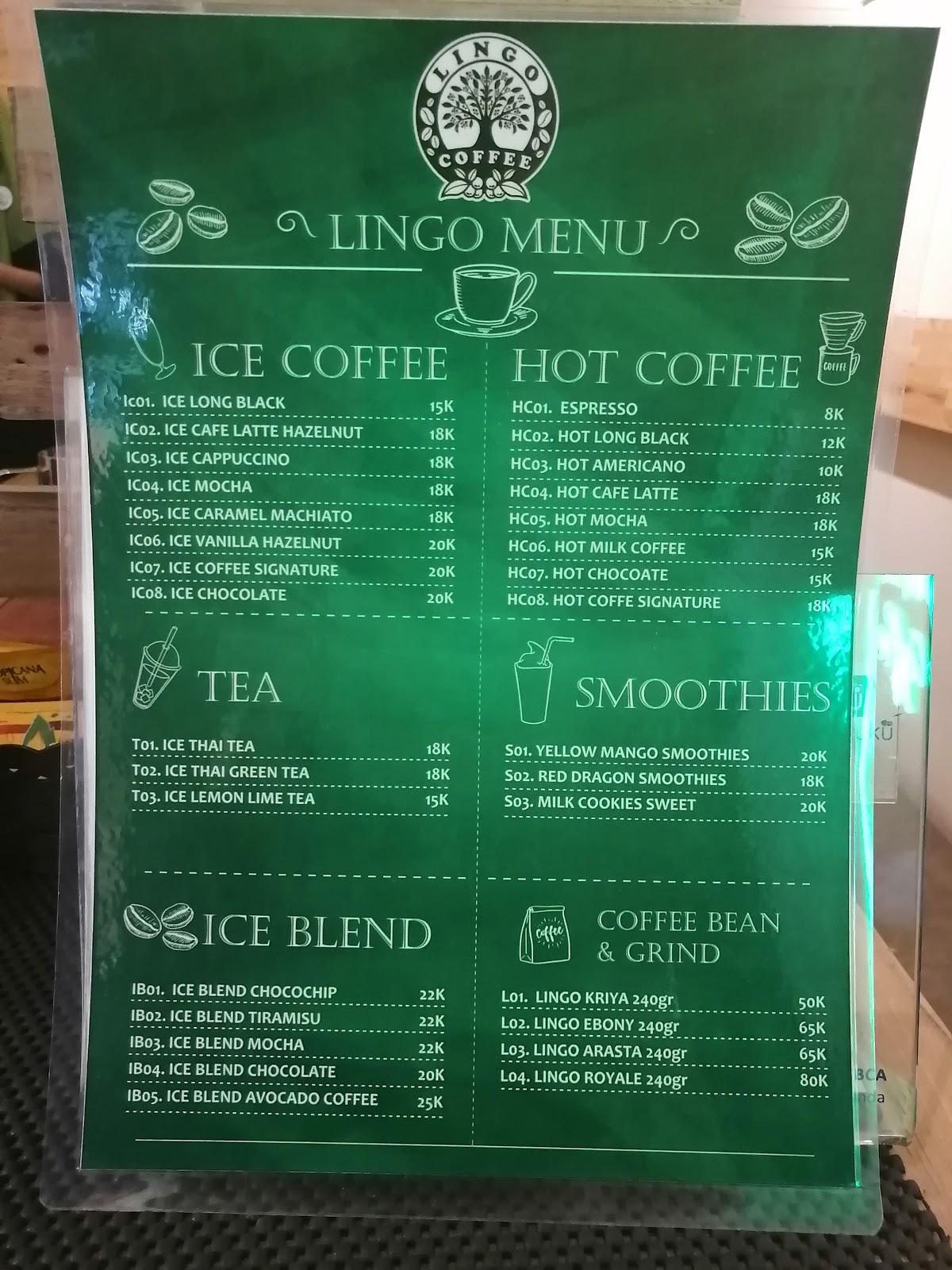 Carta del café Lingo Coffee Petisah, Medan