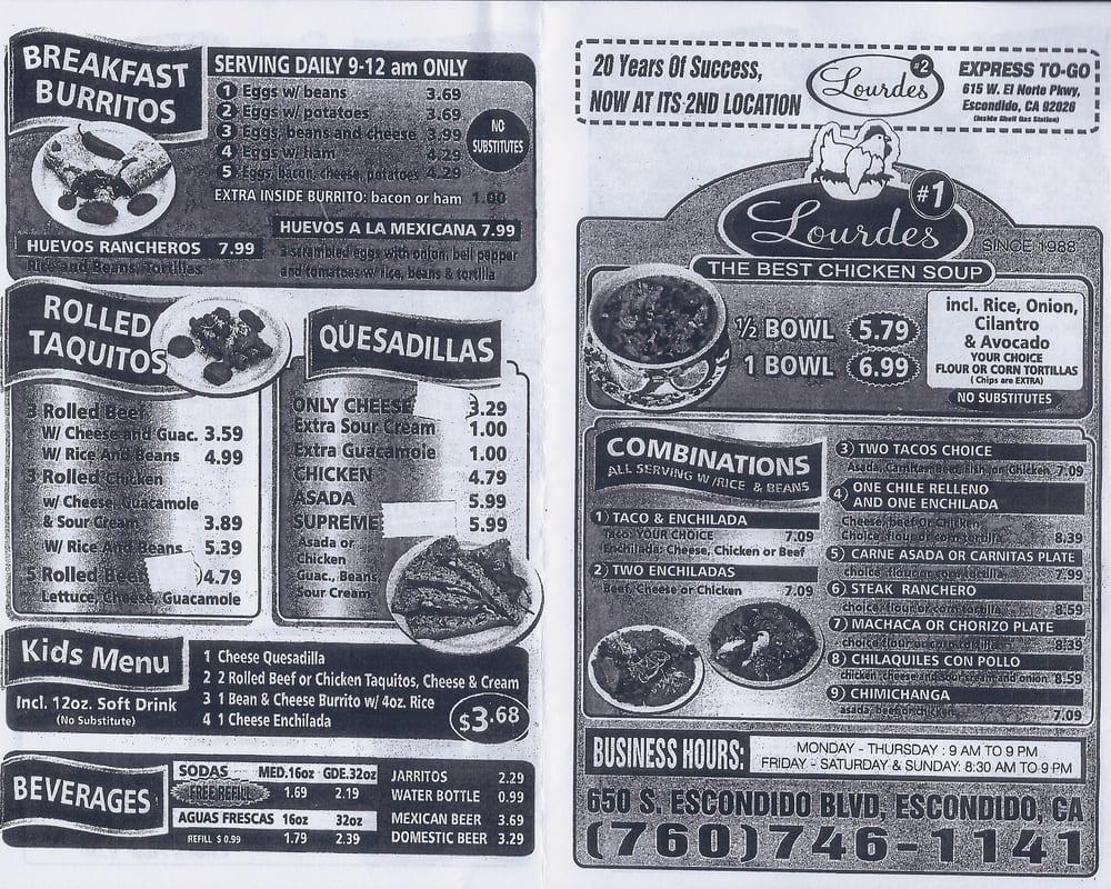 Menu at Lourdes Mexican Food restaurant, Escondido, 650 S Escondido Blvd