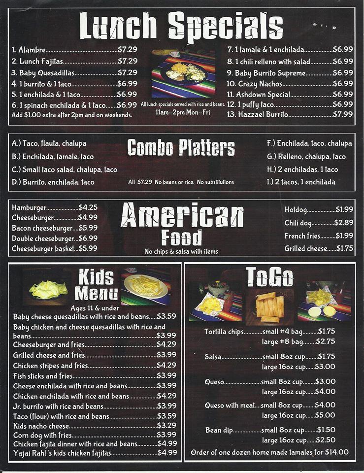 Menu at Medrano's mexican restaurant, Ashdown