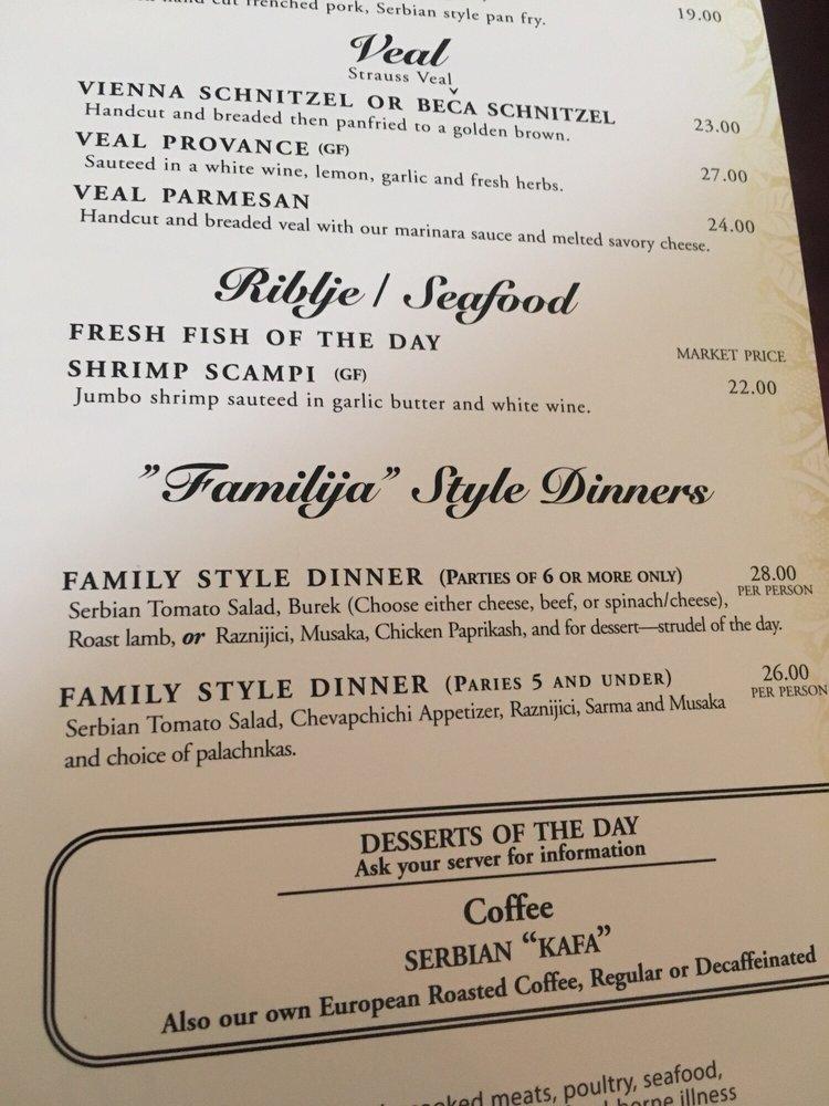 Menu at Old Town Serbian Gourmet Restaurant, Milwaukee