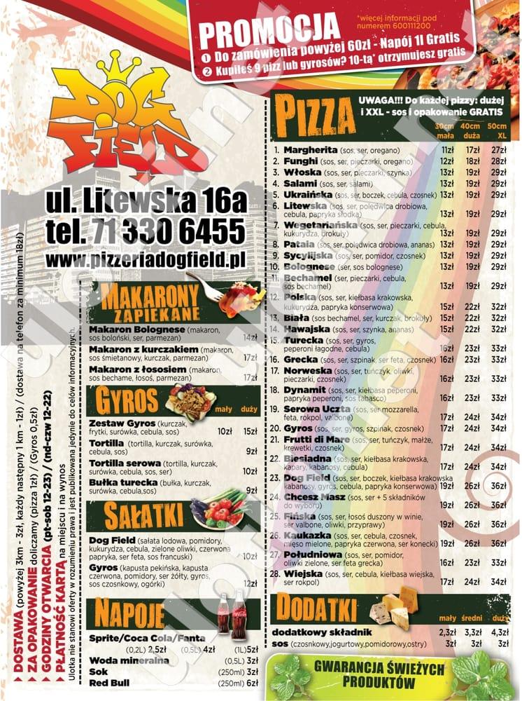 Menu at Pizza Dog Field pizzeria, Wrocław