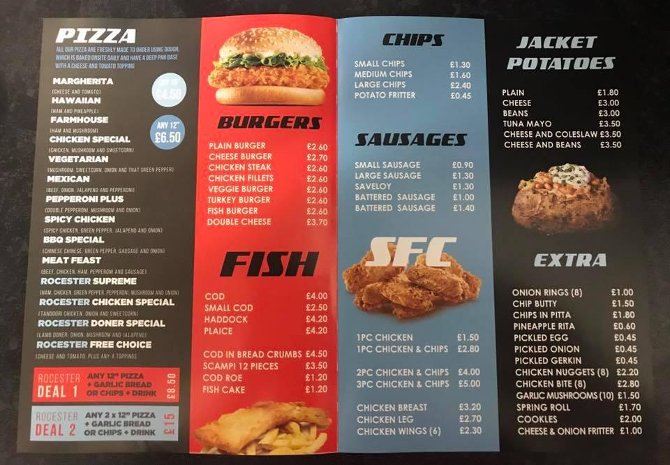 Menu at Rocester Chippy restaurant, Uttoxeter