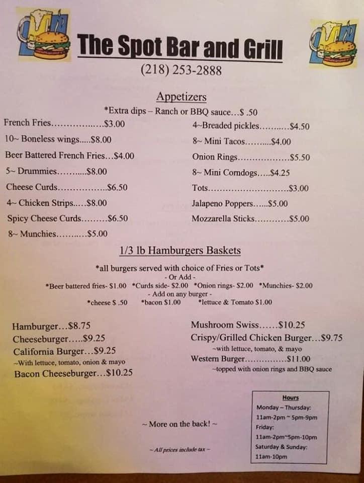 Menu at The Spot pub & bar, Red Lake Falls