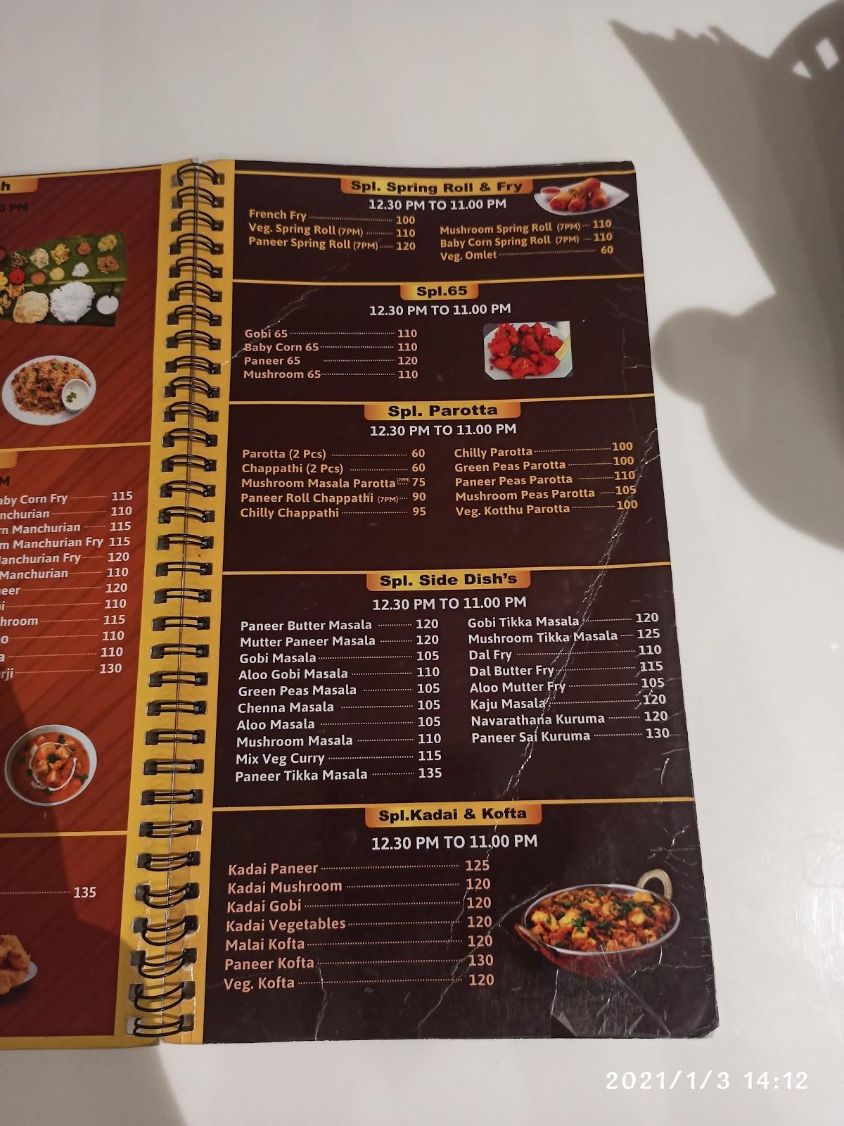 Menu at Amman Family Veg Restaurant, Madurai, Kamarajar Salai