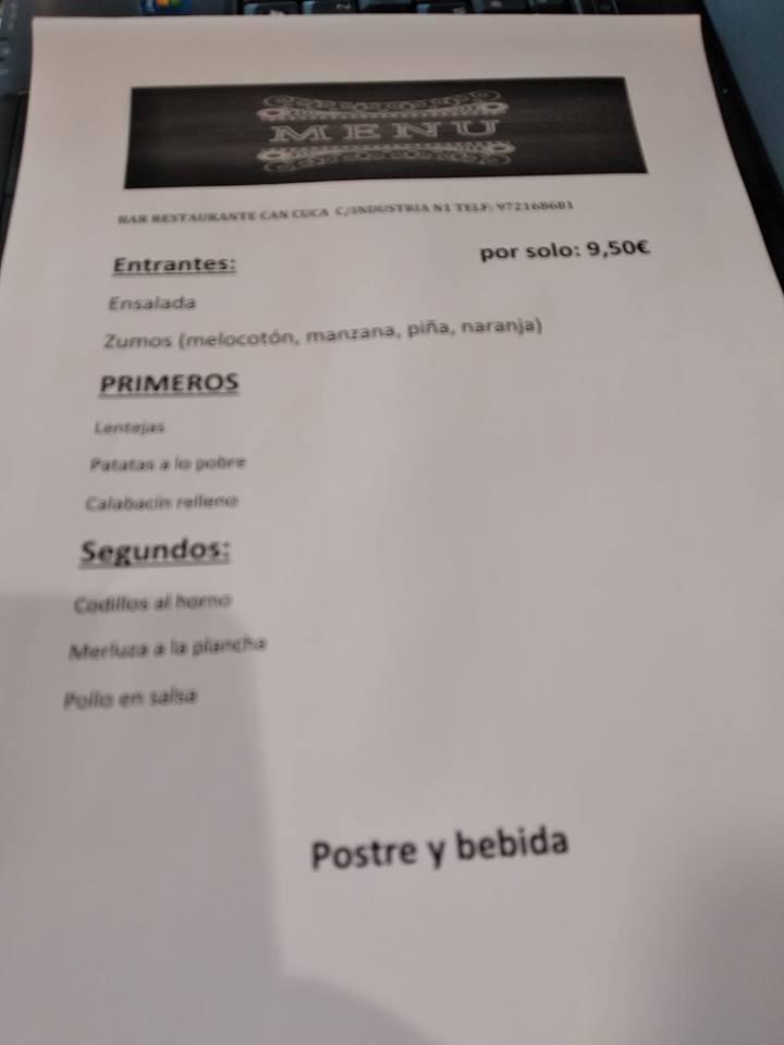 Carta de Bar Restaurant Can Cuca, Sils