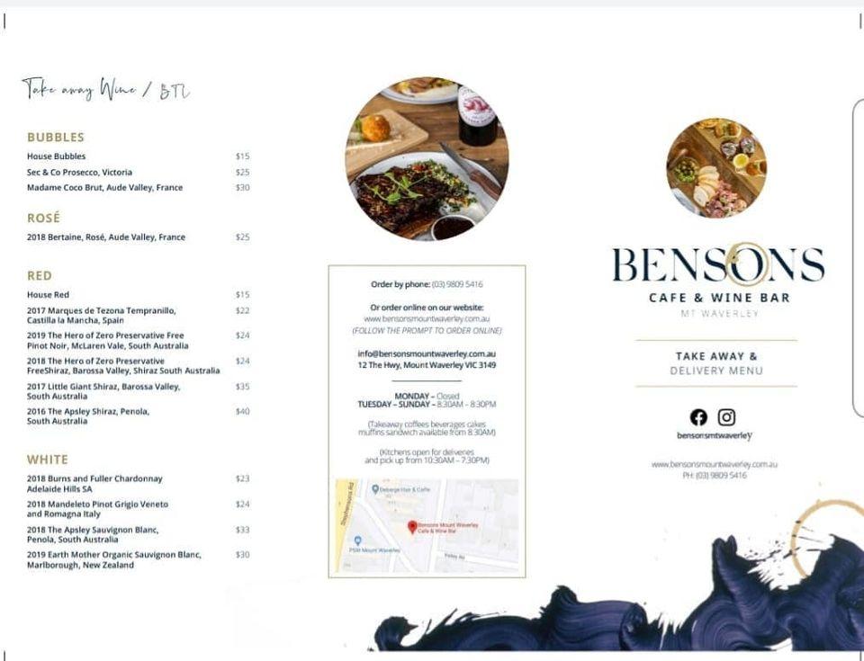 Menu at Bensons Mount Waverley Cafe & Wine Bar, Mount Waverley