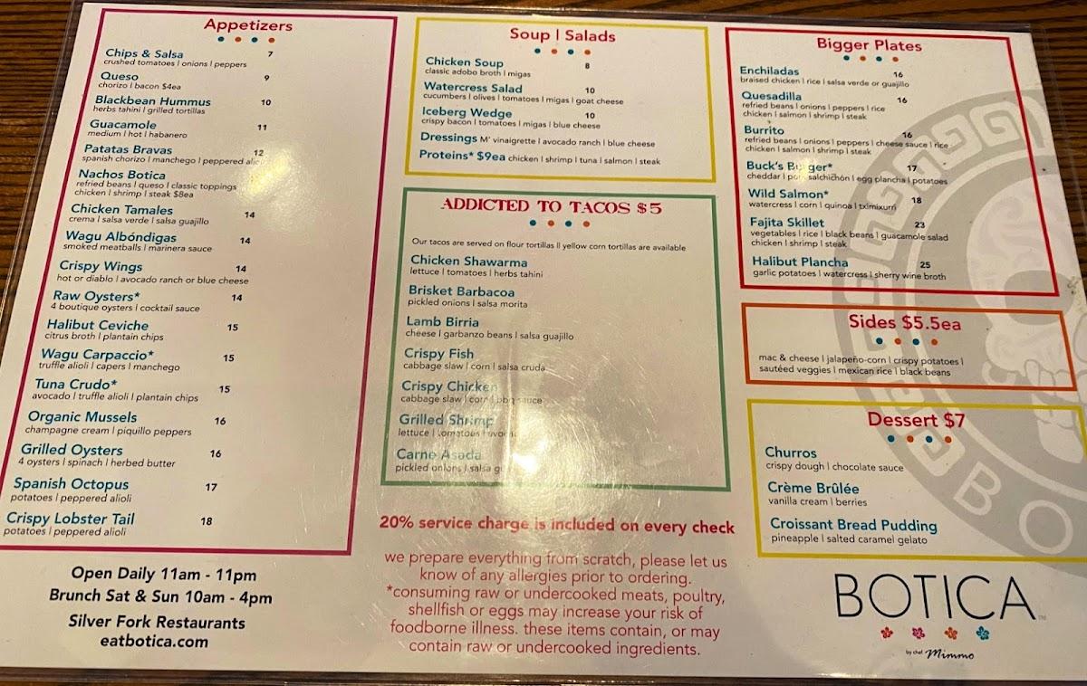 Menu at Botica pub & bar, Atlanta