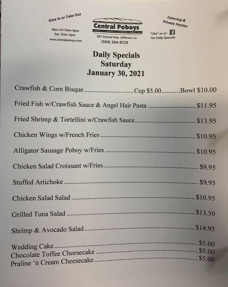 Menu at Central Poboys restaurant, Jefferson
