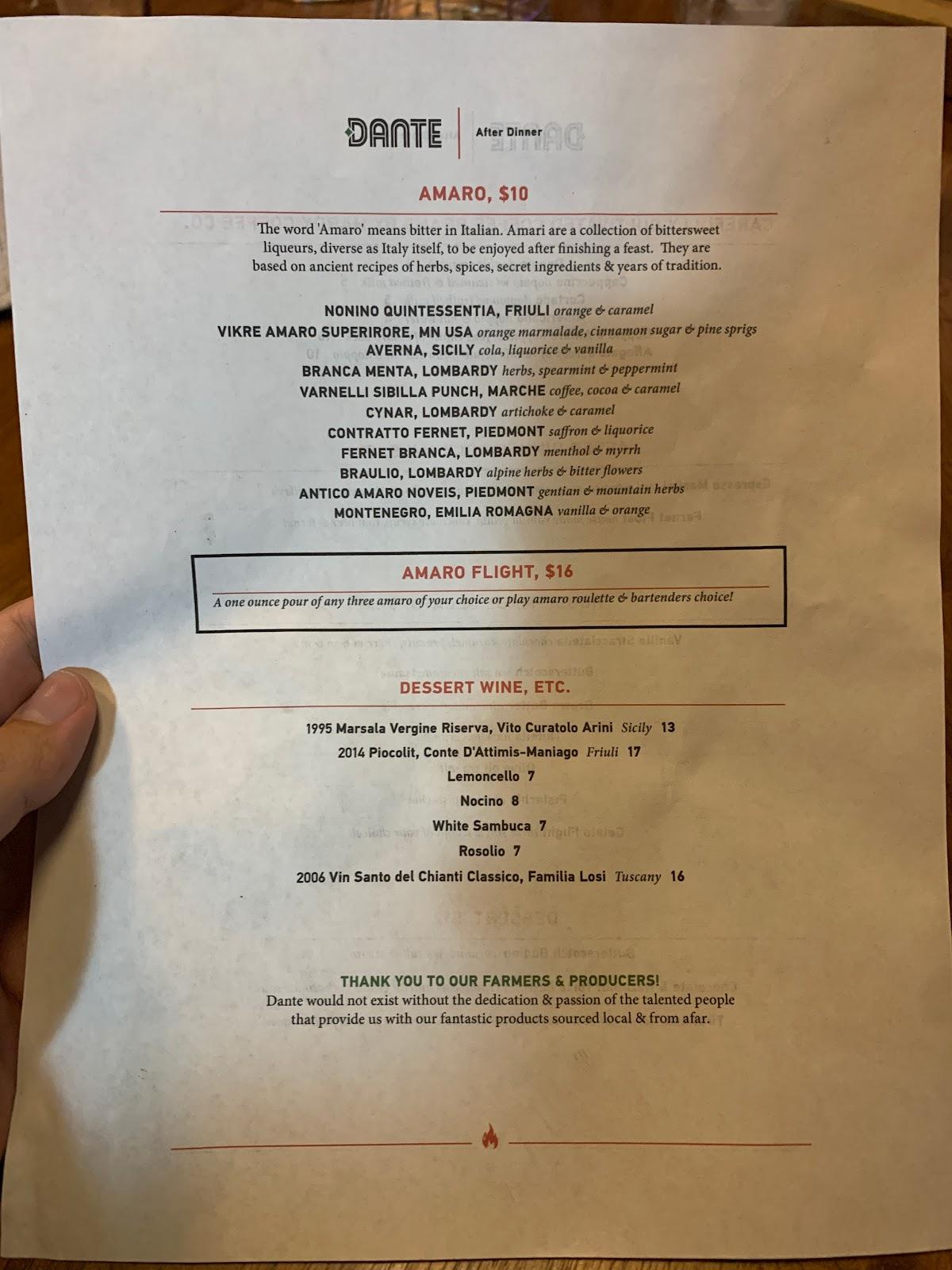 Menu at DANTE pub & bar, Omaha