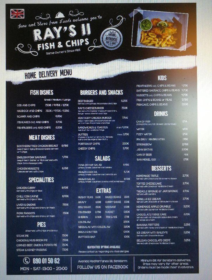 Menu at Rays II Chippy fast food, Benidorm
