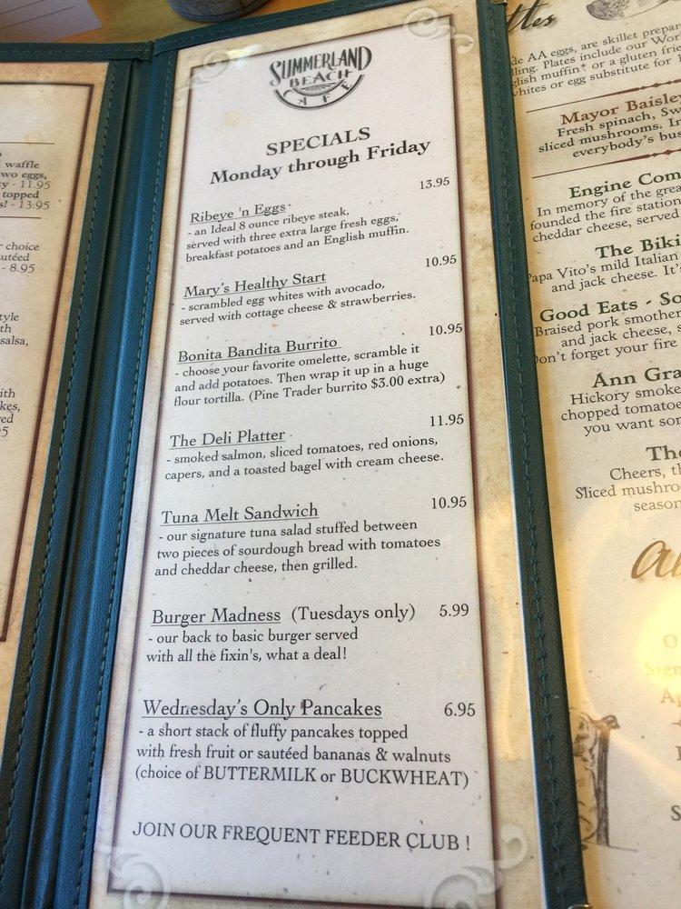 Menu at Summerland Beach Cafe, Summerland
