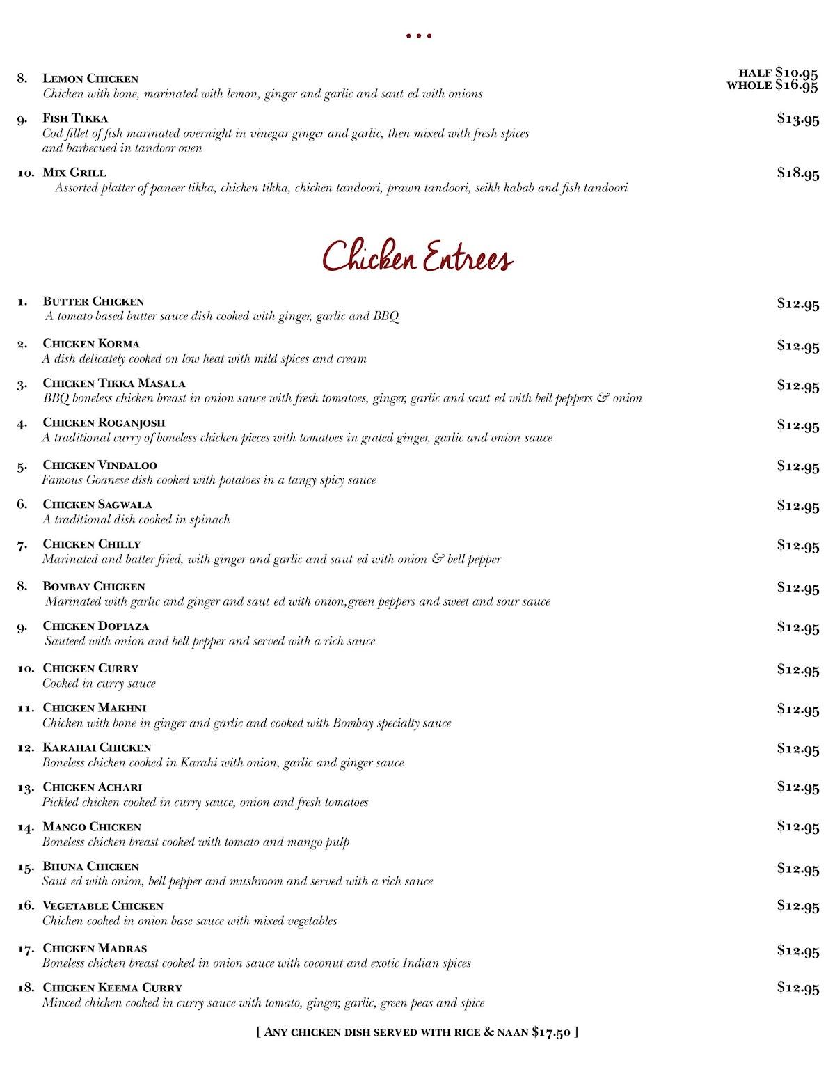 Carta de The Bombay Restaurant, Port Coquitlam