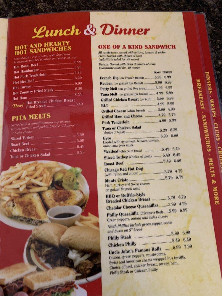 Menu at Uncle John's restaurant, Belvidere