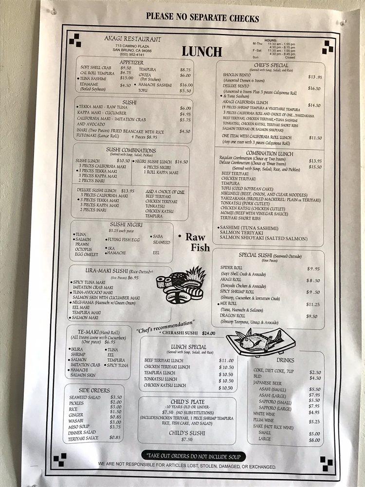 Menu at Akagi Restaurant, San Bruno
