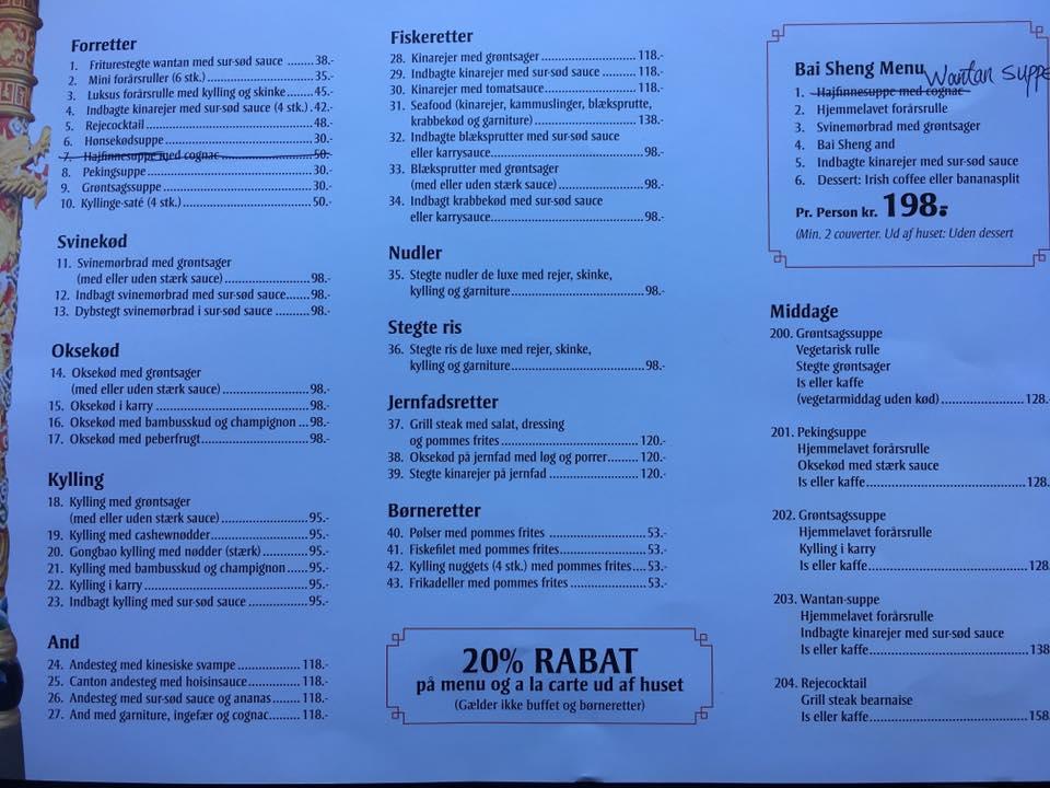 Menu at Bai Sheng restaurant, Frederikshavn