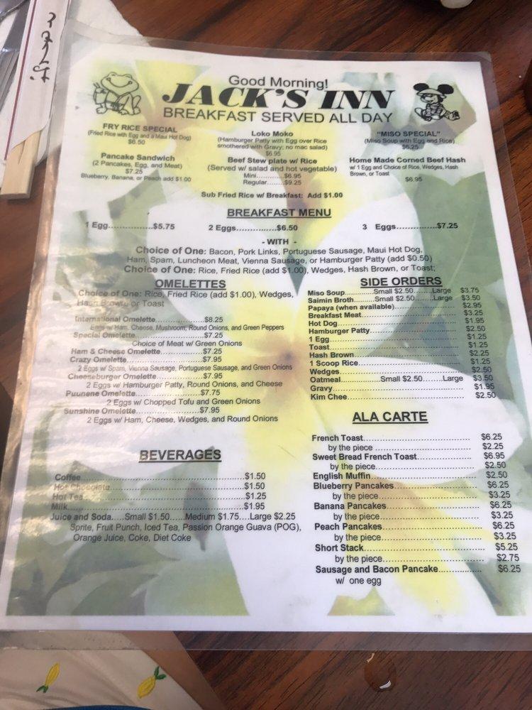 Menu at Jack's Inn restaurant, Kahului
