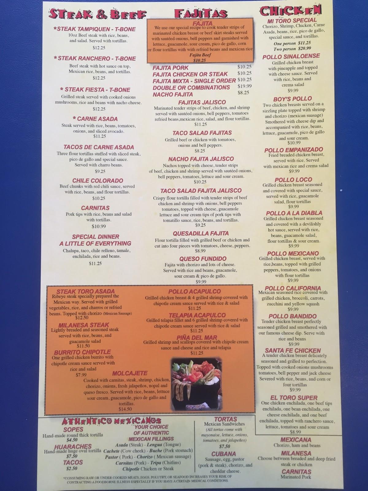 Menu at Mi Toro Mexican Restaurant, Morristown