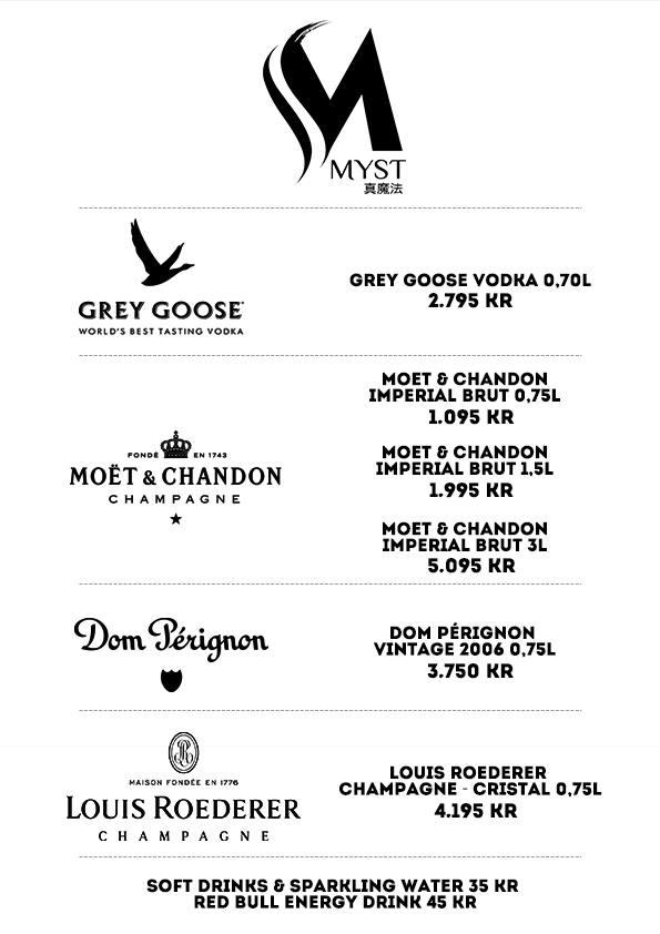 Menu at Myst Stockholm club, Stockholm